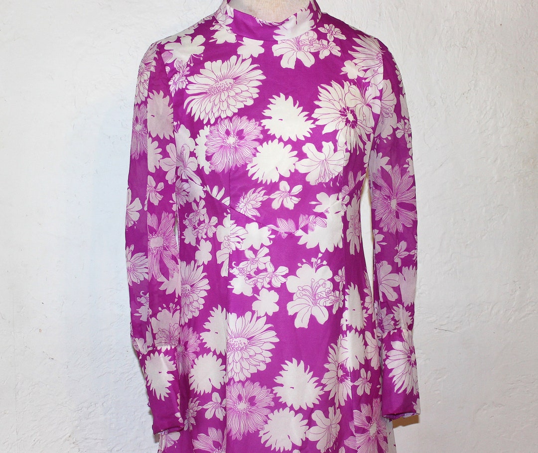 1970 Flower Power Dress / Long Chic Vintage Dress With Flowers / Maxi ...