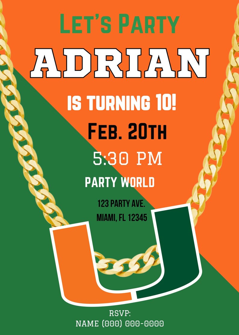 University of Miami Birthday Invitation: Hurricanes Theme (digital ...