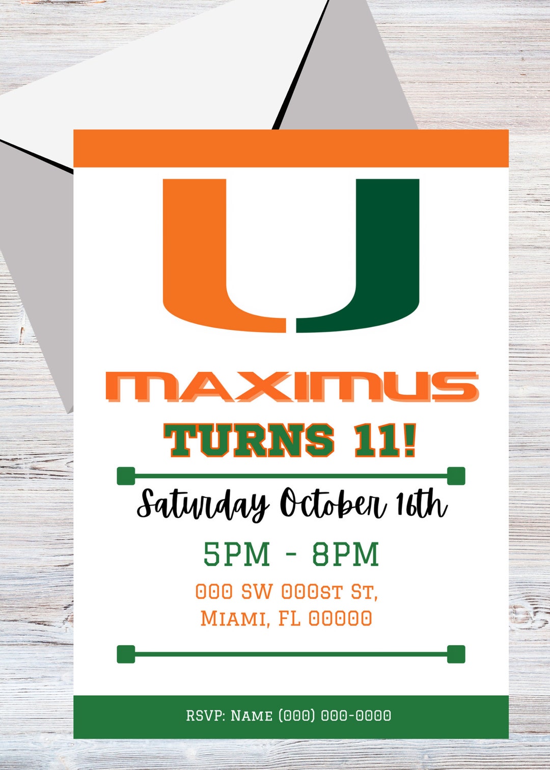 University of Miami Birthday or Tailgate Party Invitation: Hurricanes ...
