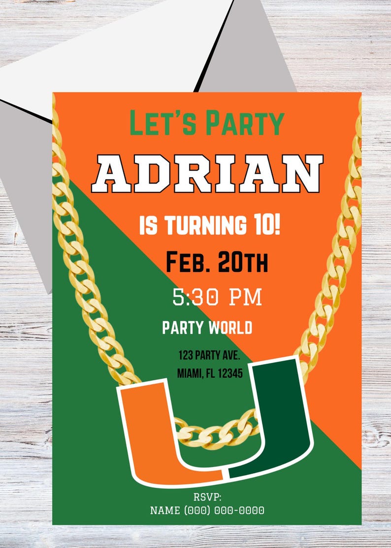 University of Miami Birthday Invitation: Hurricanes Theme (digital ...