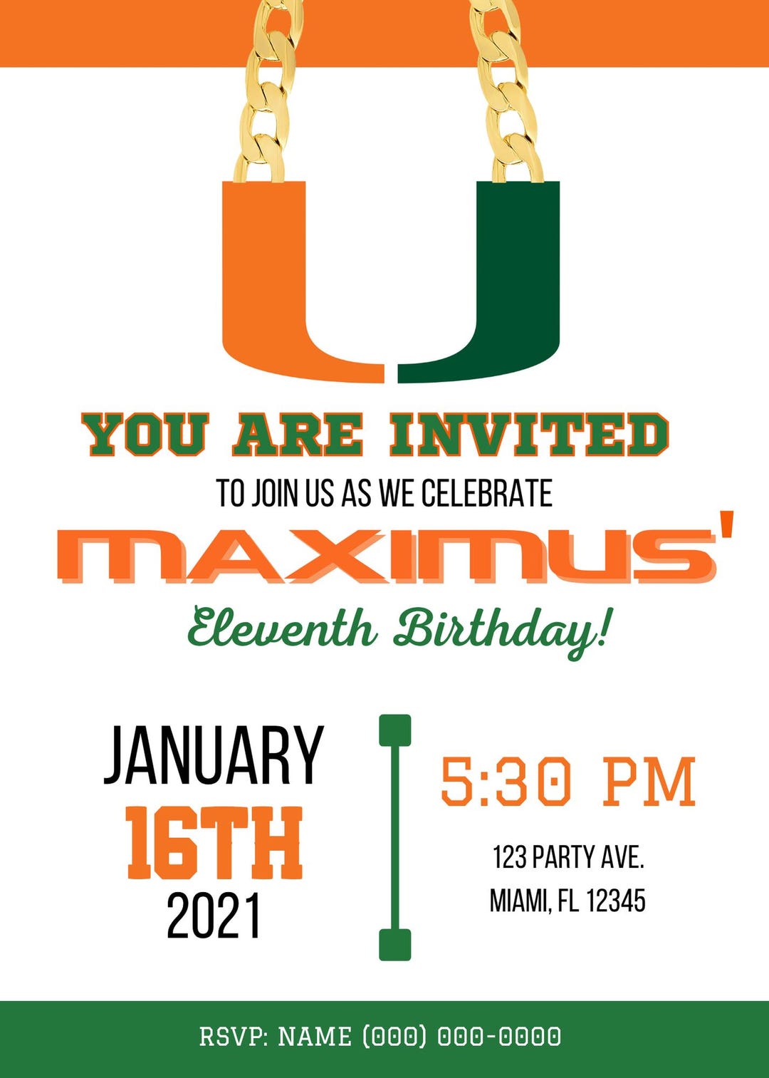 University of Miami Birthday Invitation: Hurricanes Theme (digital ...