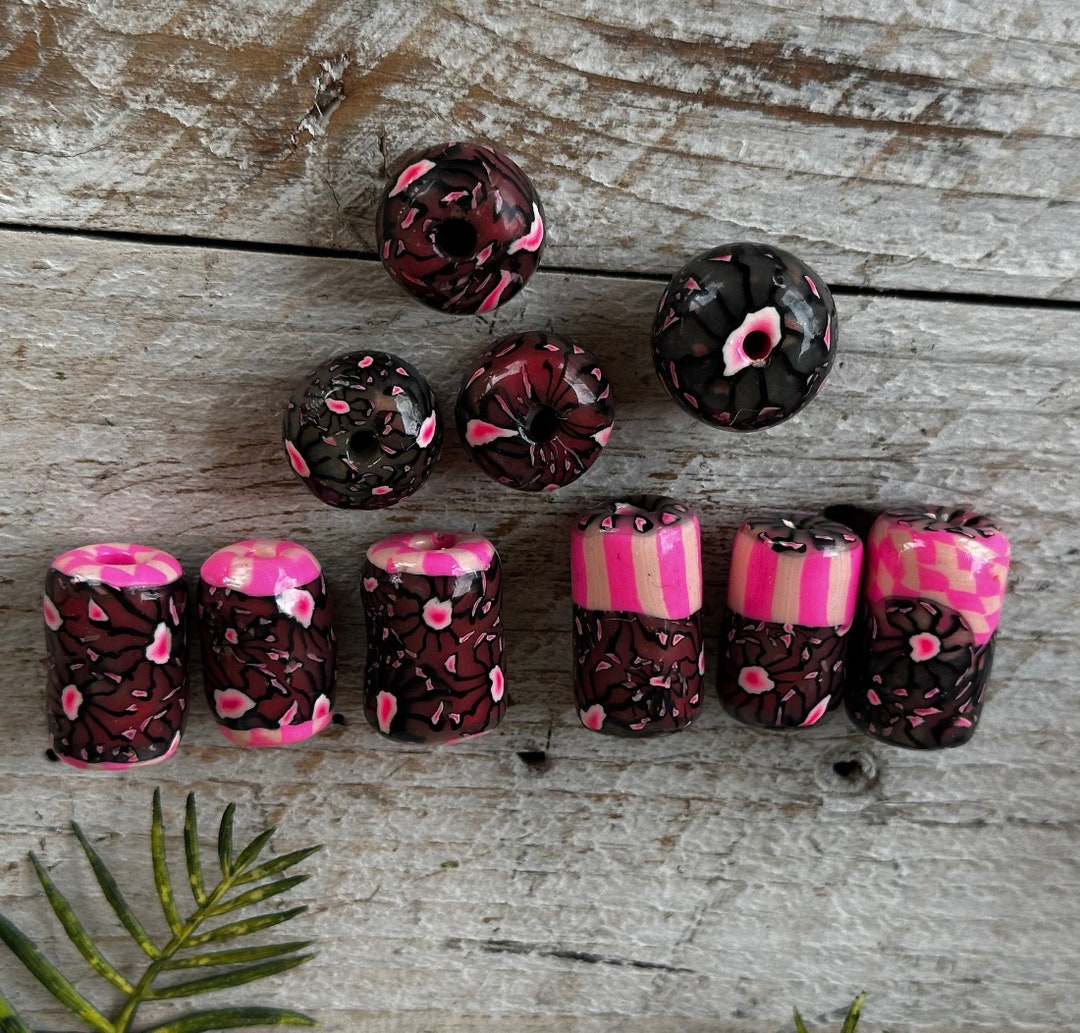 Pink Stripe & Floral Polymer Clay Bead Set - Handmade - Etsy