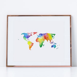 World Map Watercolor Art Print, Map of the World, Rainbow Globe, Travel ...