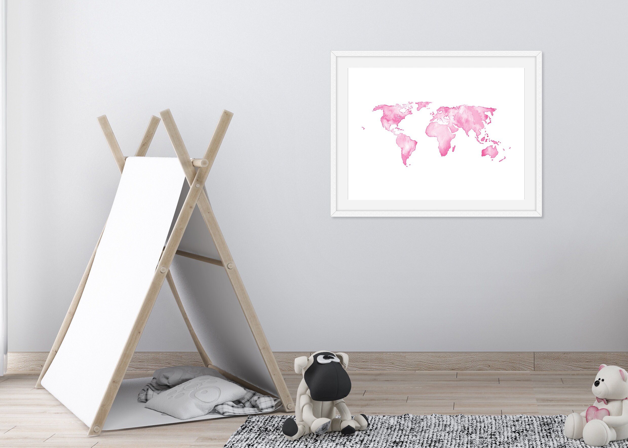 Blush World Map Watercolor Printable, Digital Download, Pink Map of the ...