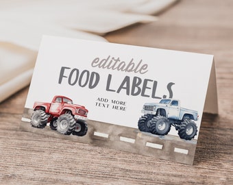 Editable Printable Monster Truck Party Food Labels Food Cards - Etsy