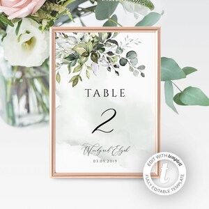 Editable Wedding Table Numbers Template, Greenery, Instant Download ...