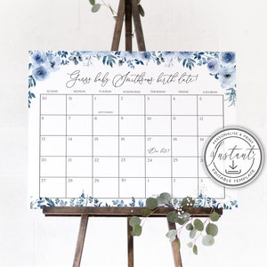 Dusty Blue Guess Baby Due Date Calender Game Sign, Editable Template ...