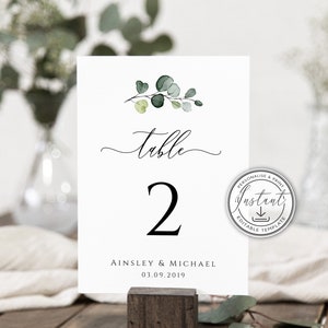 Eucalyptus Wedding Editable Table Numbers Template, Watercolor Greenery ...