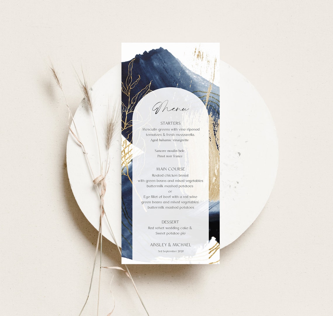 Navy & Gold Menu Editable Template, Navy Watercolor Wedding Menu ...