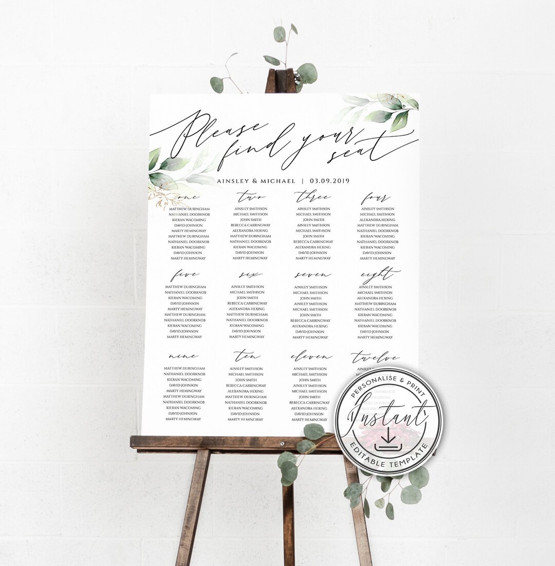 Bohemian Wedding Seating Chart Template, Greenery Gold Leaf (digital ...