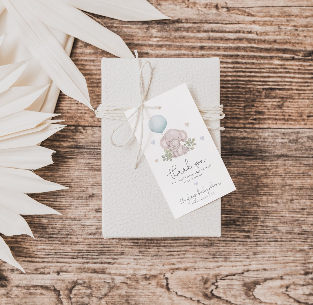 Blue Elephant Gift Tag Template, Blue Balloon Elephant Thank You Favor ...