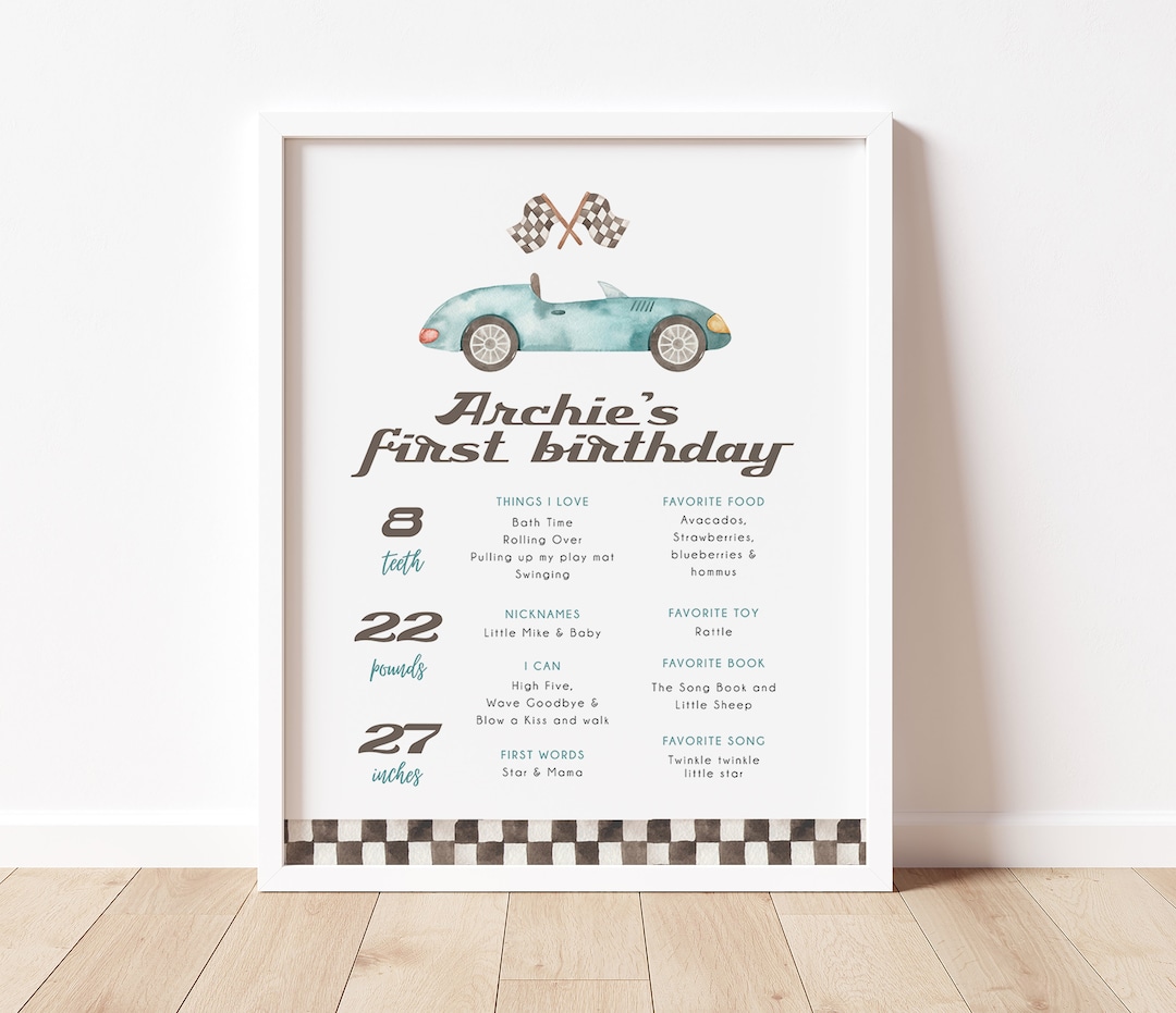 Race Car Milestone Birthday Poster, Blue Race Car 1st Birthday Board ...