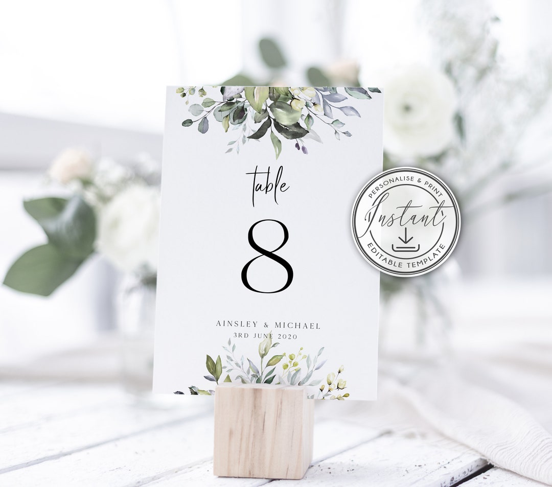 Watercolor Greenery Wedding Table Numbers Editable Template, Eucalyptus ...