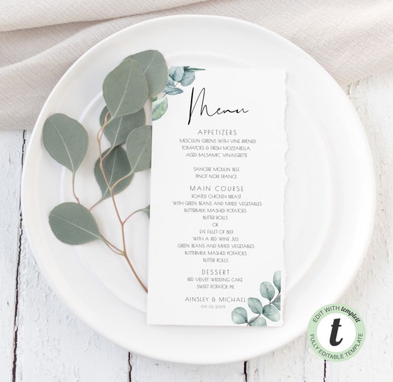 green leaf Printable Wedding Menu Card Menu Template Instant Download ...