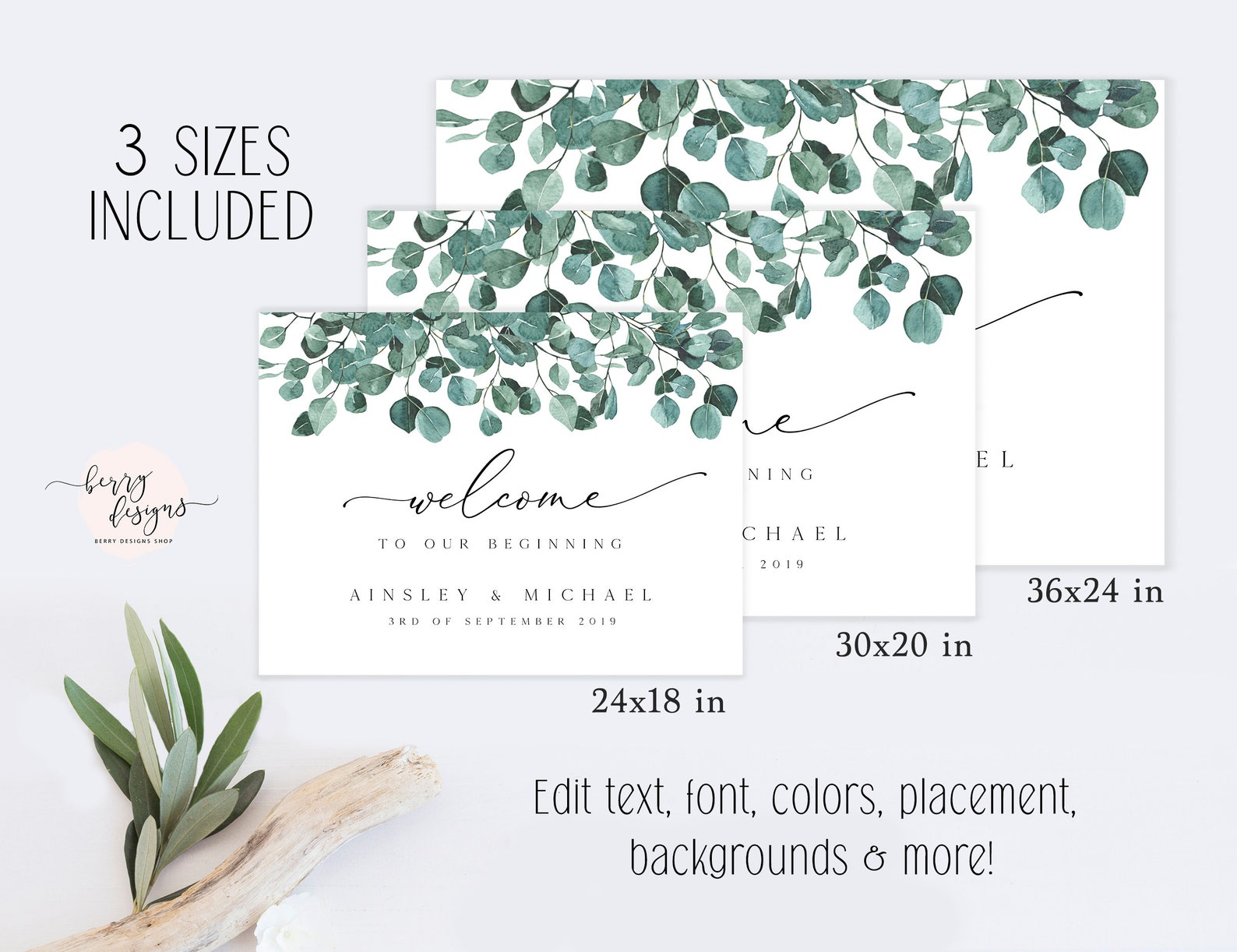 Greenery Wedding Welcome Sign Editable Template, Eucalyptus, Rustic ...
