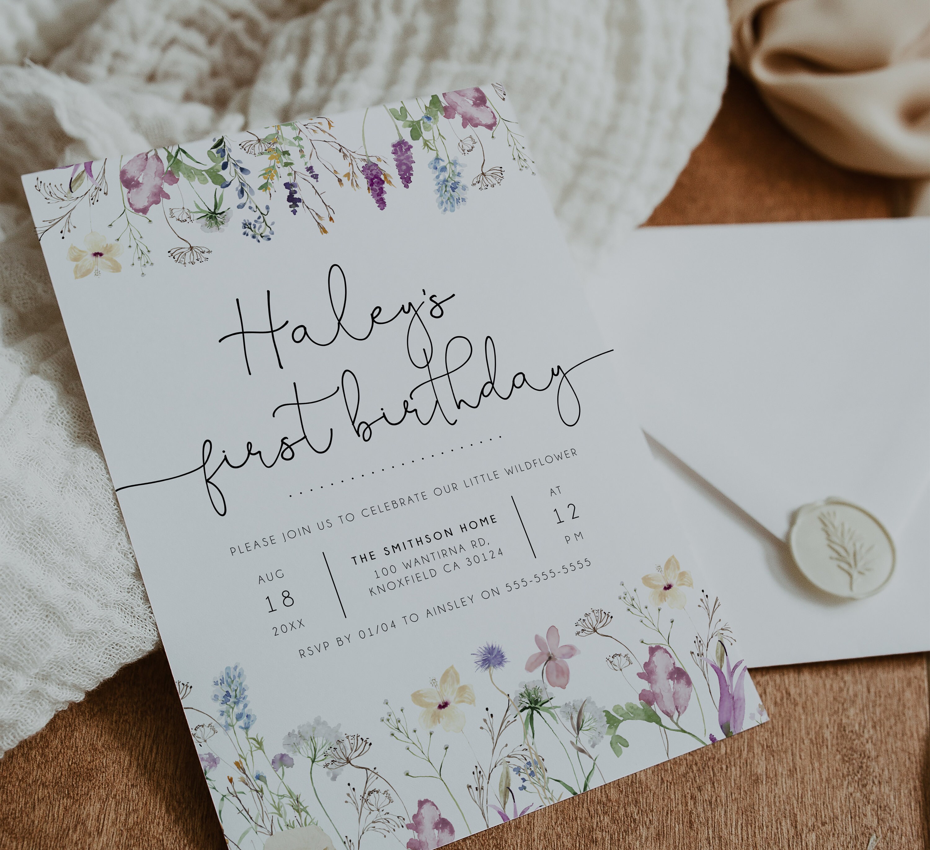 Wildflower Girls Birthday Flower Invitation, Wildflower First Birthday ...
