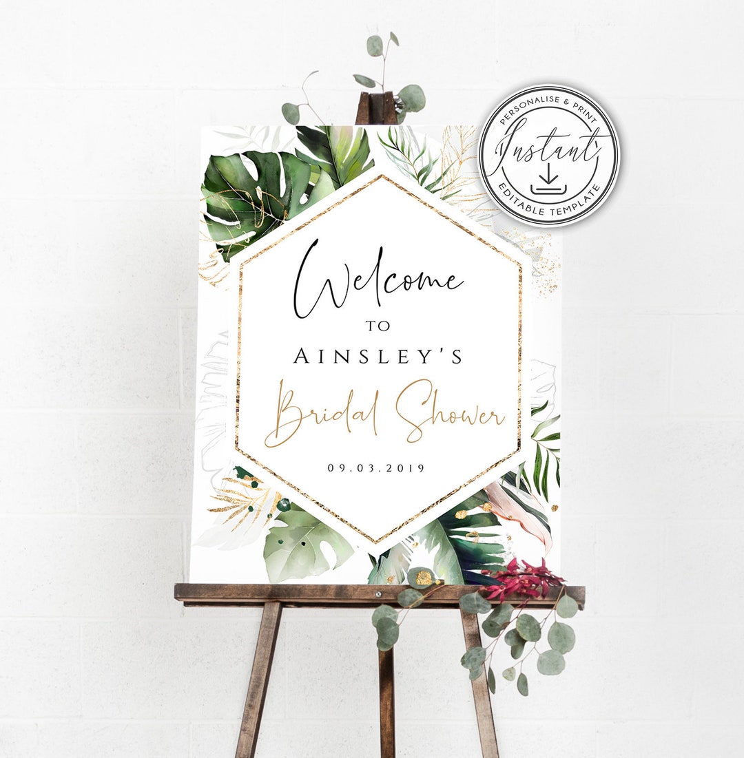 Tropical Welcome Sign Template, Greenery Bridal Shower Sign, Baby ...