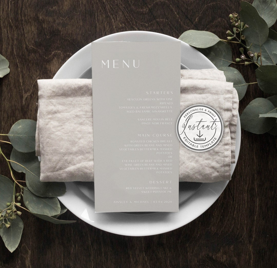 Minimalist Beige Menu Editable Template, Modern Wedding Menu, Minimal ...