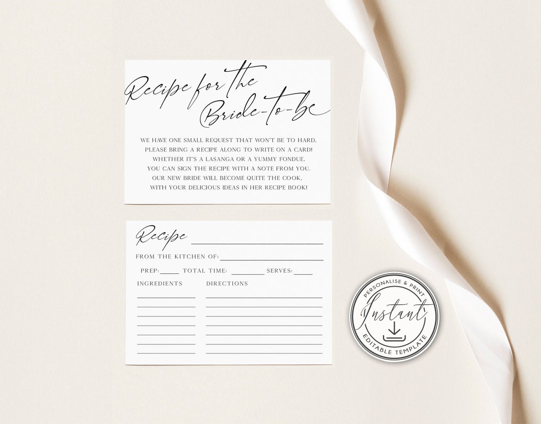 Minimalist Recipe for the Bride-to-be Card Insert, Recipe Fill-in Card ...