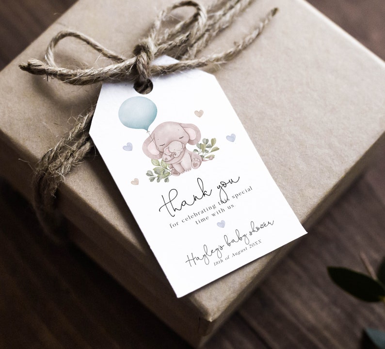 Blue Elephant Gift Tag Template, Blue Balloon Elephant Thank You Favor ...