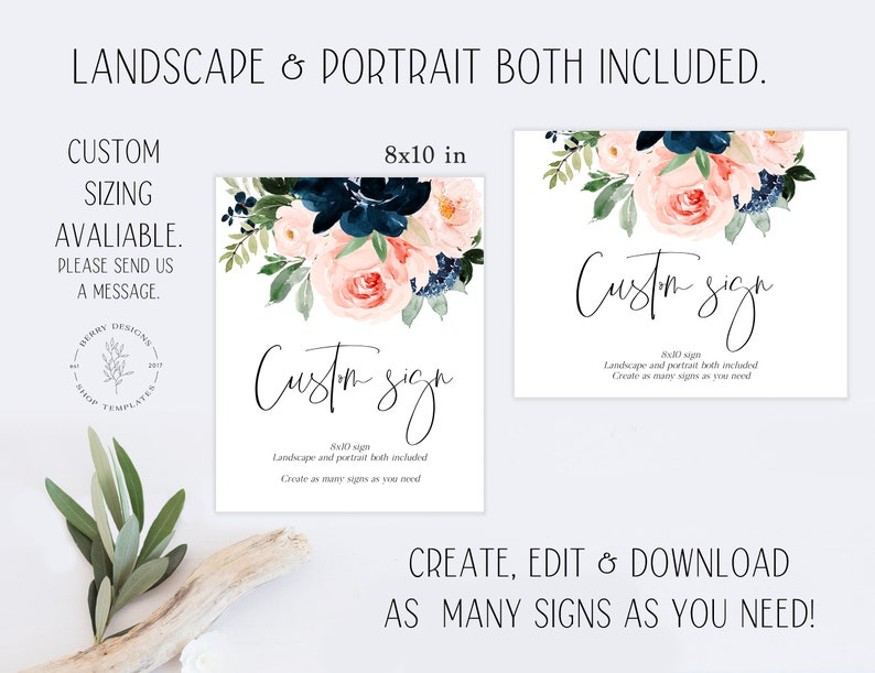 Navy & Blush Editable Custom Sign Template Instant Download | Etsy