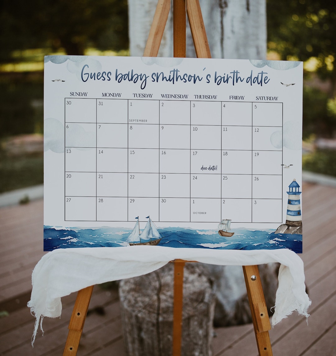 Nautical Guess Baby's Birth Date Calender Game, Ocean Guess Baby's Due ...