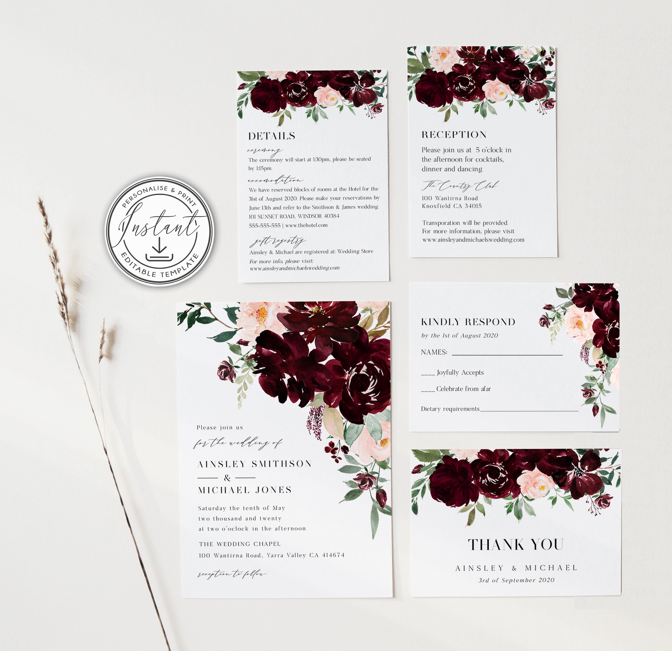 Burgundy Wedding Invitation Editable Template Rustic Wedding - Etsy