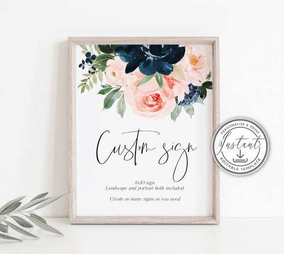 Navy & Blush Editable Custom Sign Template Instant Download | Etsy