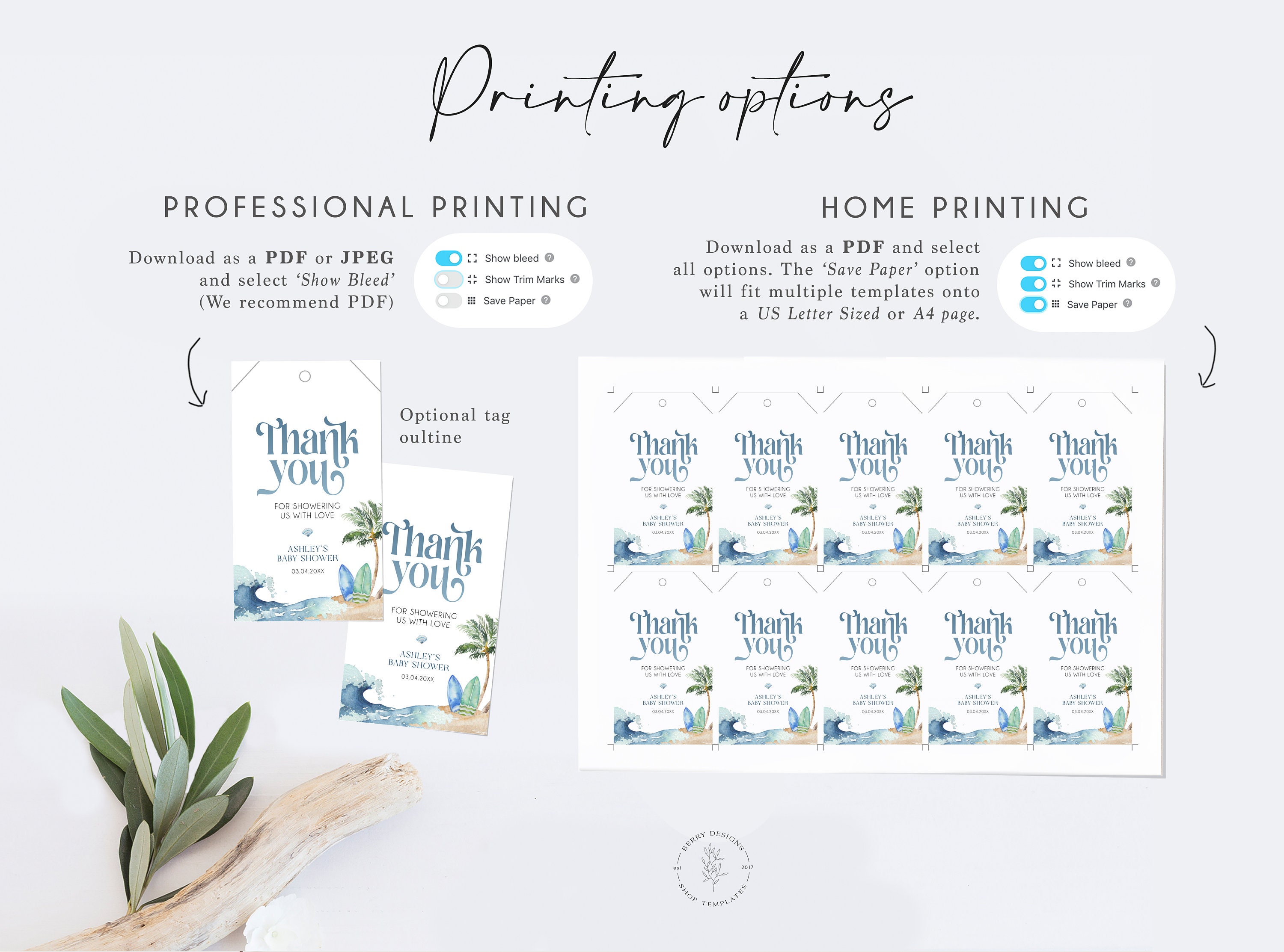 Ocean & Surf Thank You Gift Tag Template, Beach Baby Shower Favors ...
