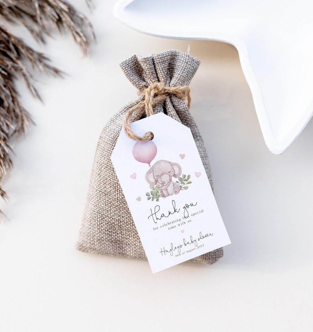 Pink Elephant Gift Tag Template, Pink Balloon Elephant Thank You Favor ...