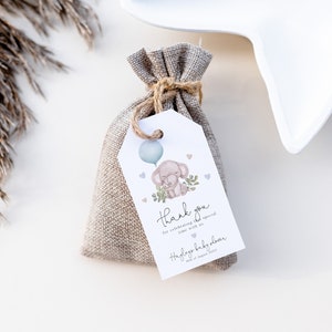 Blue Elephant Gift Tag Template, Blue Balloon Elephant Thank You Favor ...