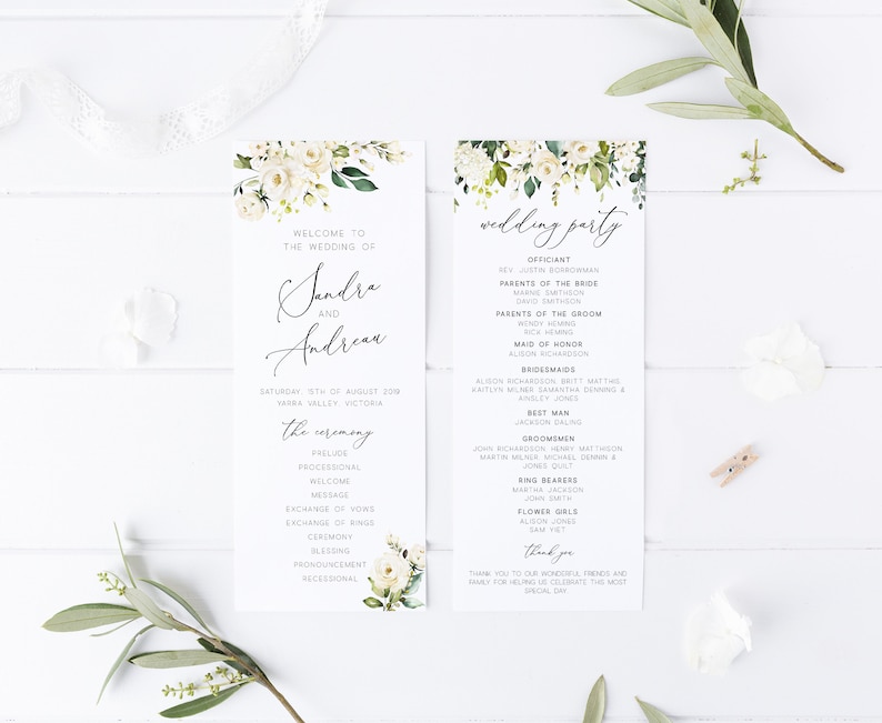 White Floral Wedding Program Editable Template, Rustic Wedding Program ...