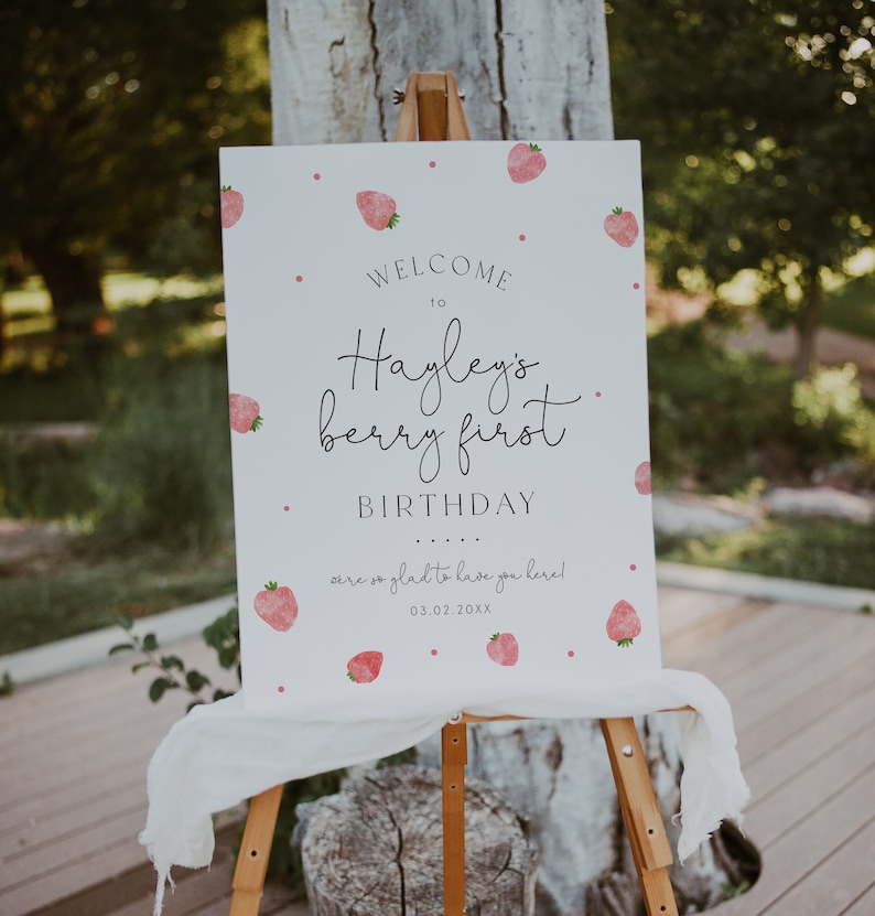 Strawberry Welcome Sign Template Berry First Birthday Welcome | Etsy