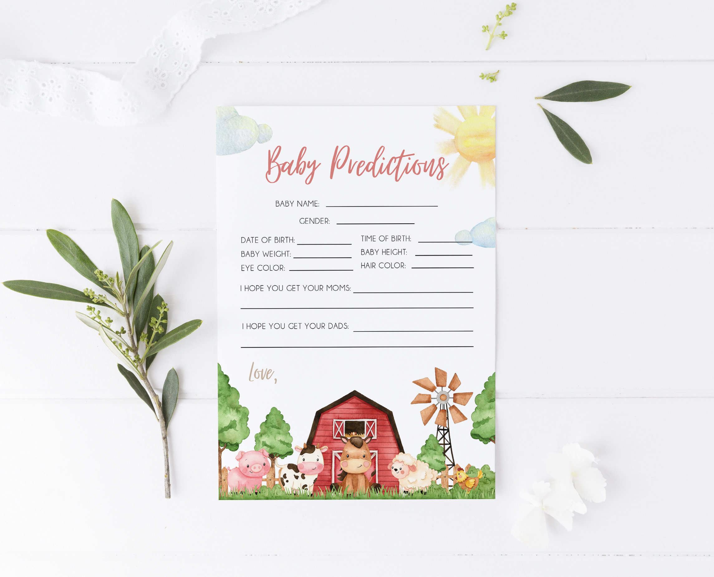 Farm Baby Predictions Game Card, Farm Baby Shower Predictions, Editable ...