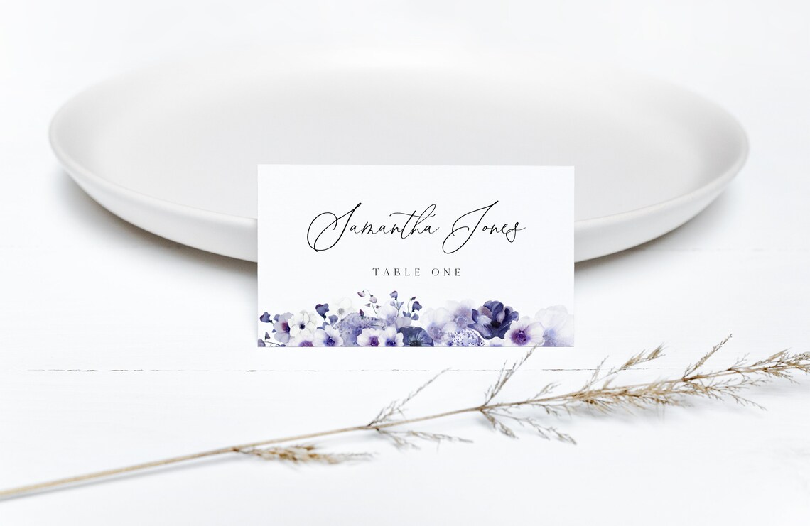 Purple Floral Place Cards Editable Template, Watercolor Purple Wedding ...