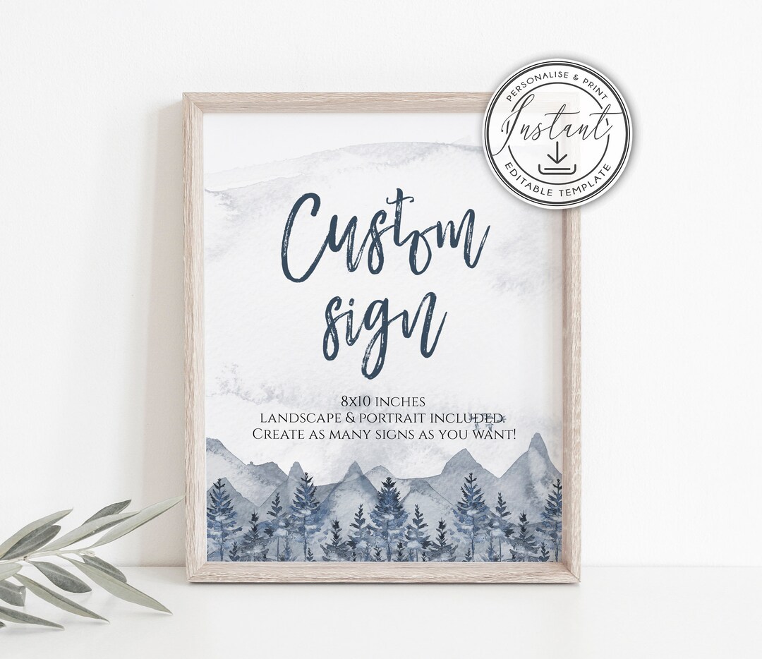 Custom Sign Editable Template, Watercolor Mountain Ranges, Destination ...