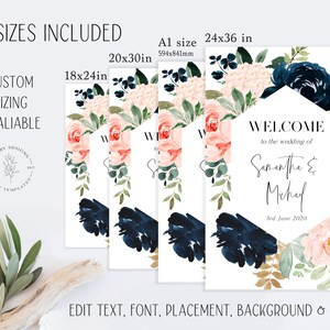 Navy & Blush Wedding Welcome Sign Editable Template, Rustic Wedding ...