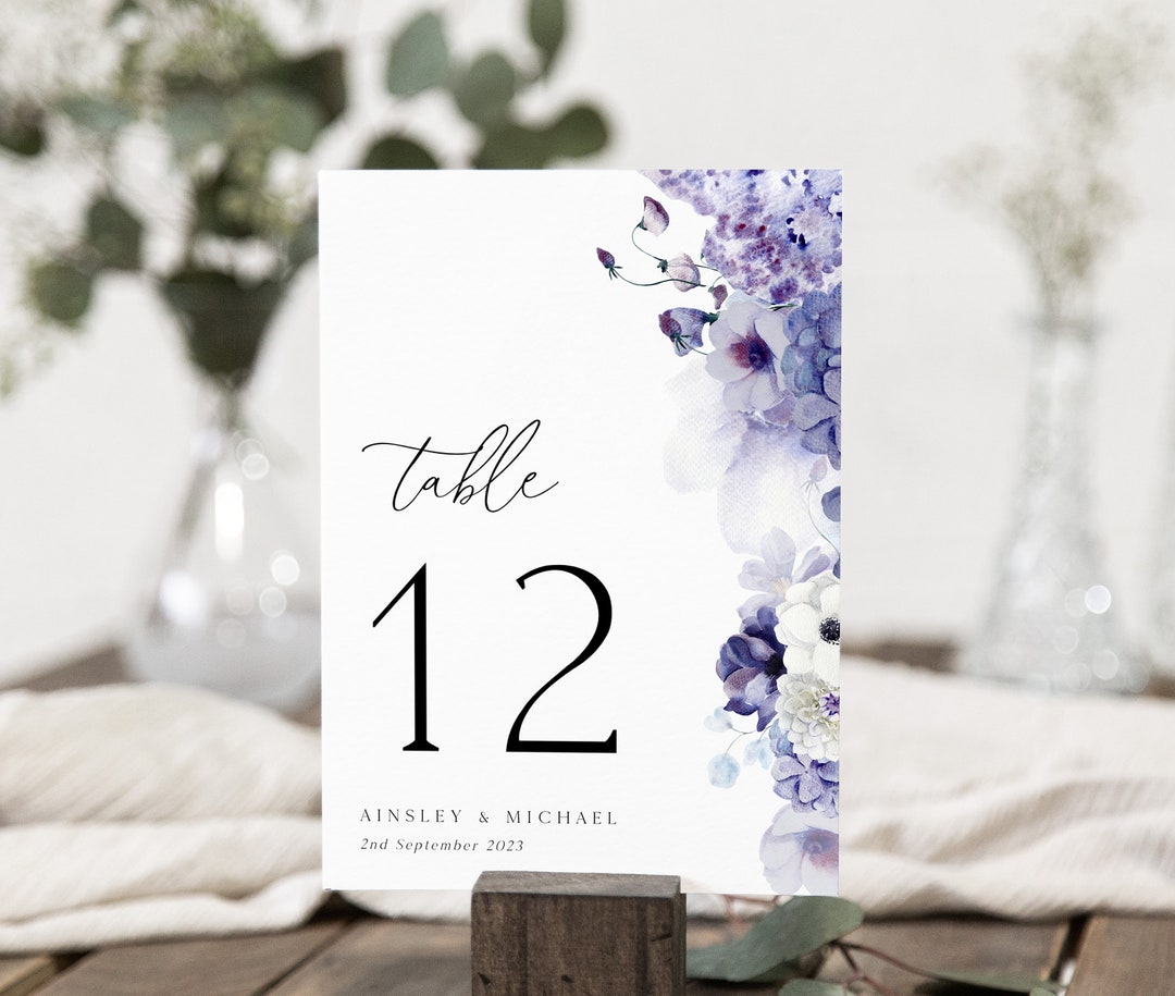 Purple Floral Wedding Table Numbers Template, Watercolor Floral Table ...
