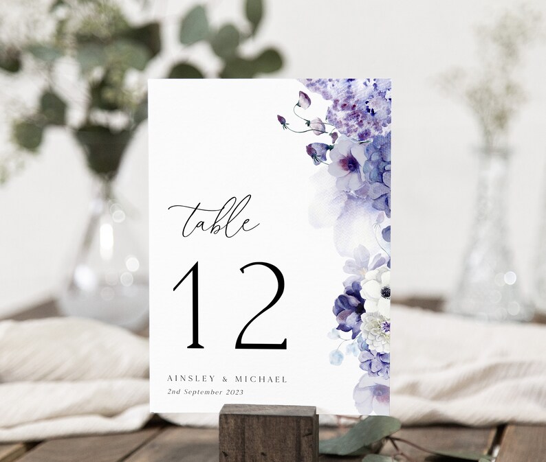 Purple Floral Wedding Table Numbers Template, Watercolor Floral Table ...