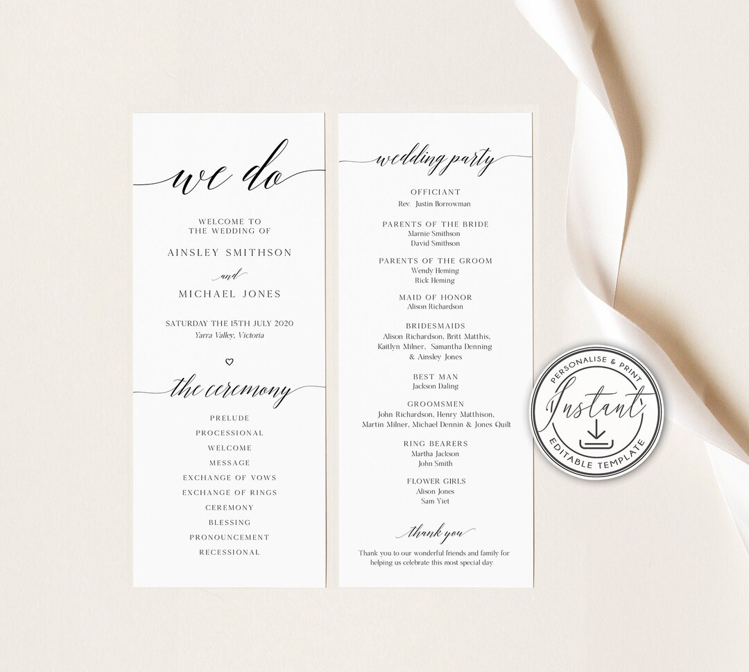 Rustic Wedding Program Editable Template, We Do, Minimalist Wedding ...