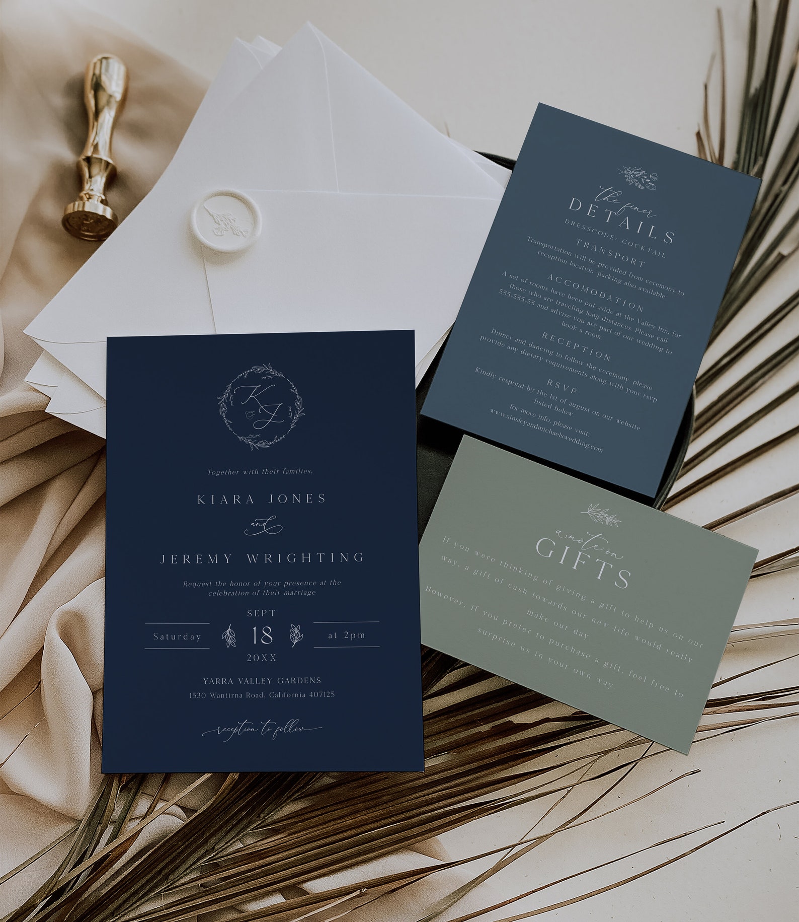 Navy Blue Monogram Wedding Invitation Template, Botanical Wedding ...