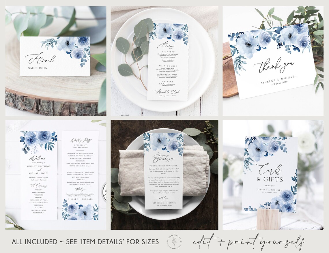 Dusty Blue Wedding Bundle Blue Floral Wedding Template - Etsy