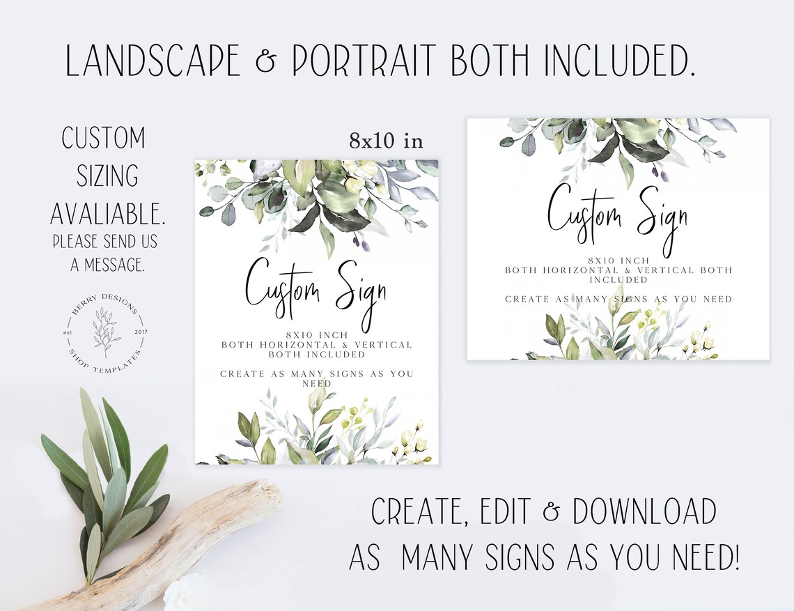 Watercolor Greenery Custom Sign Template Editable Sign - Etsy