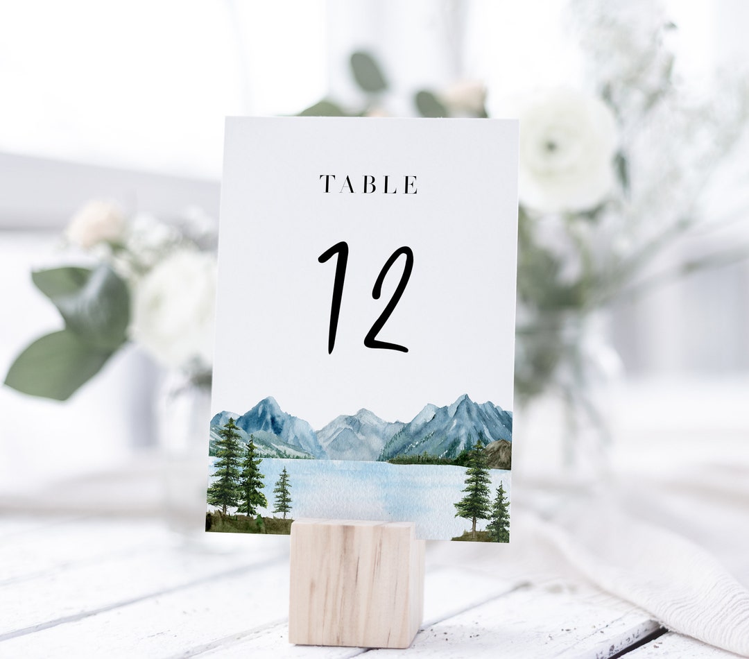 Mountain Wedding Editable Table Numbers Template, Watercolor Lake Table ...