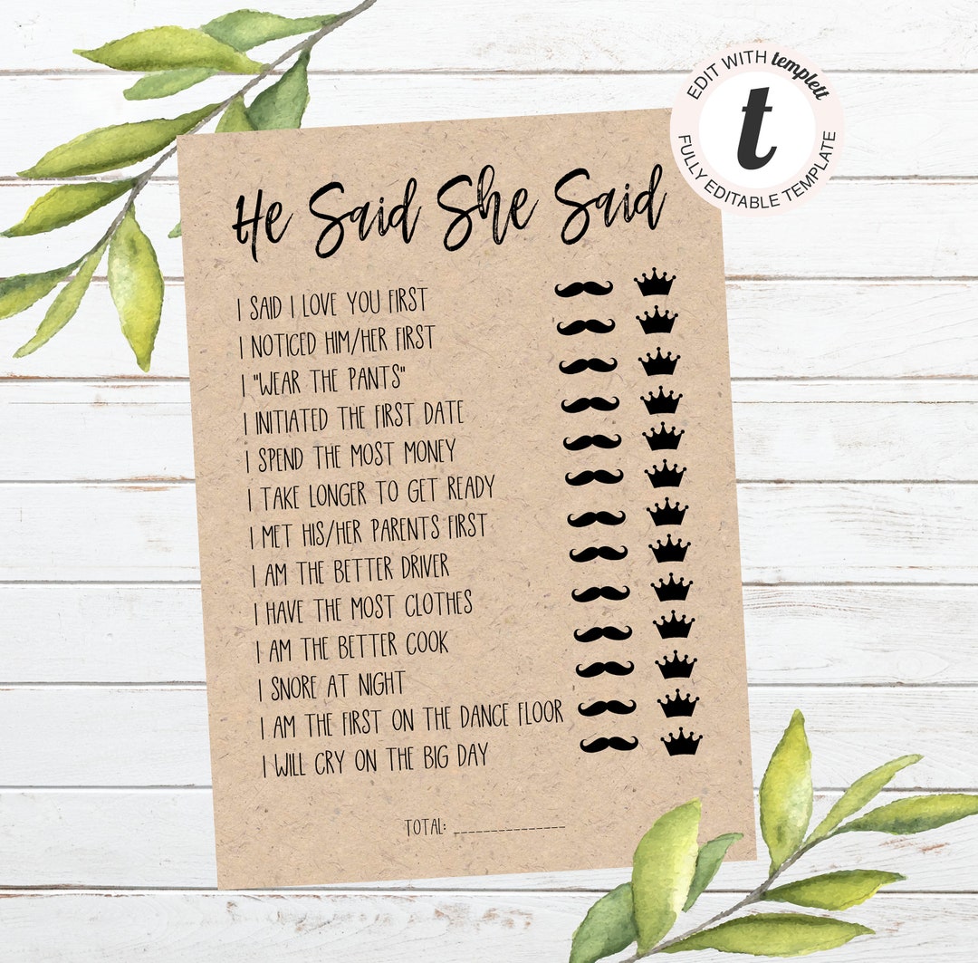 He Said She Said Editable Template, Bridal Shower Game, Kraft, Rustic ...