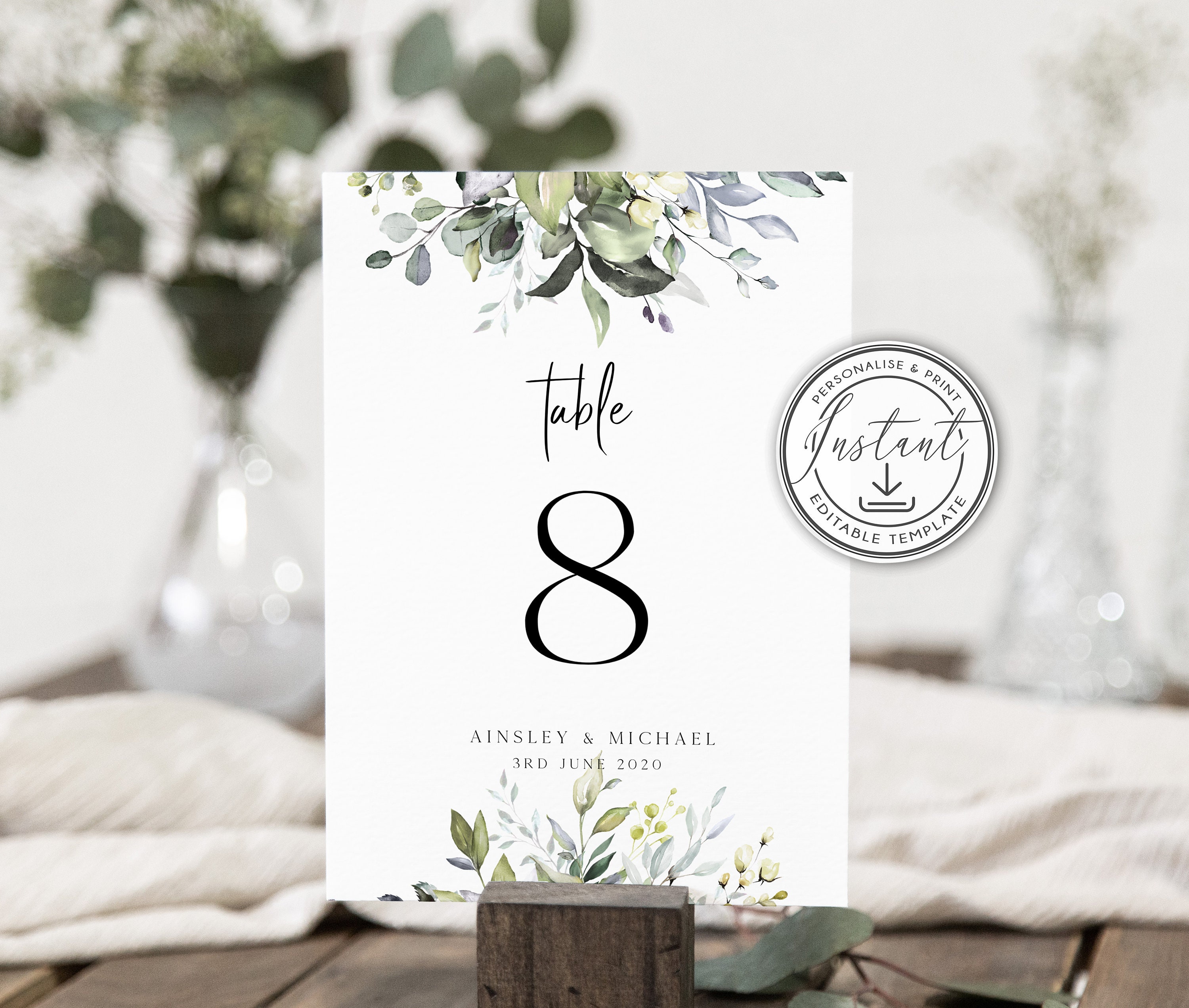 Watercolor Greenery Wedding Table Numbers Editable Template | Etsy