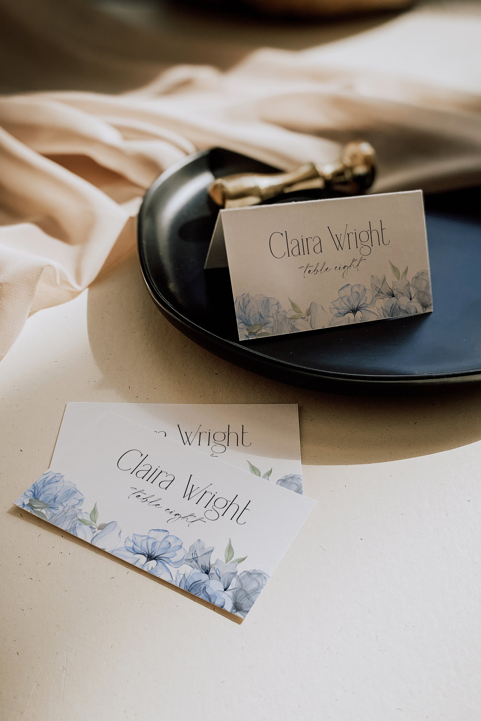 Dusty Blue Wedding Place Cards Template, Bohemian Wedding Name Cards ...