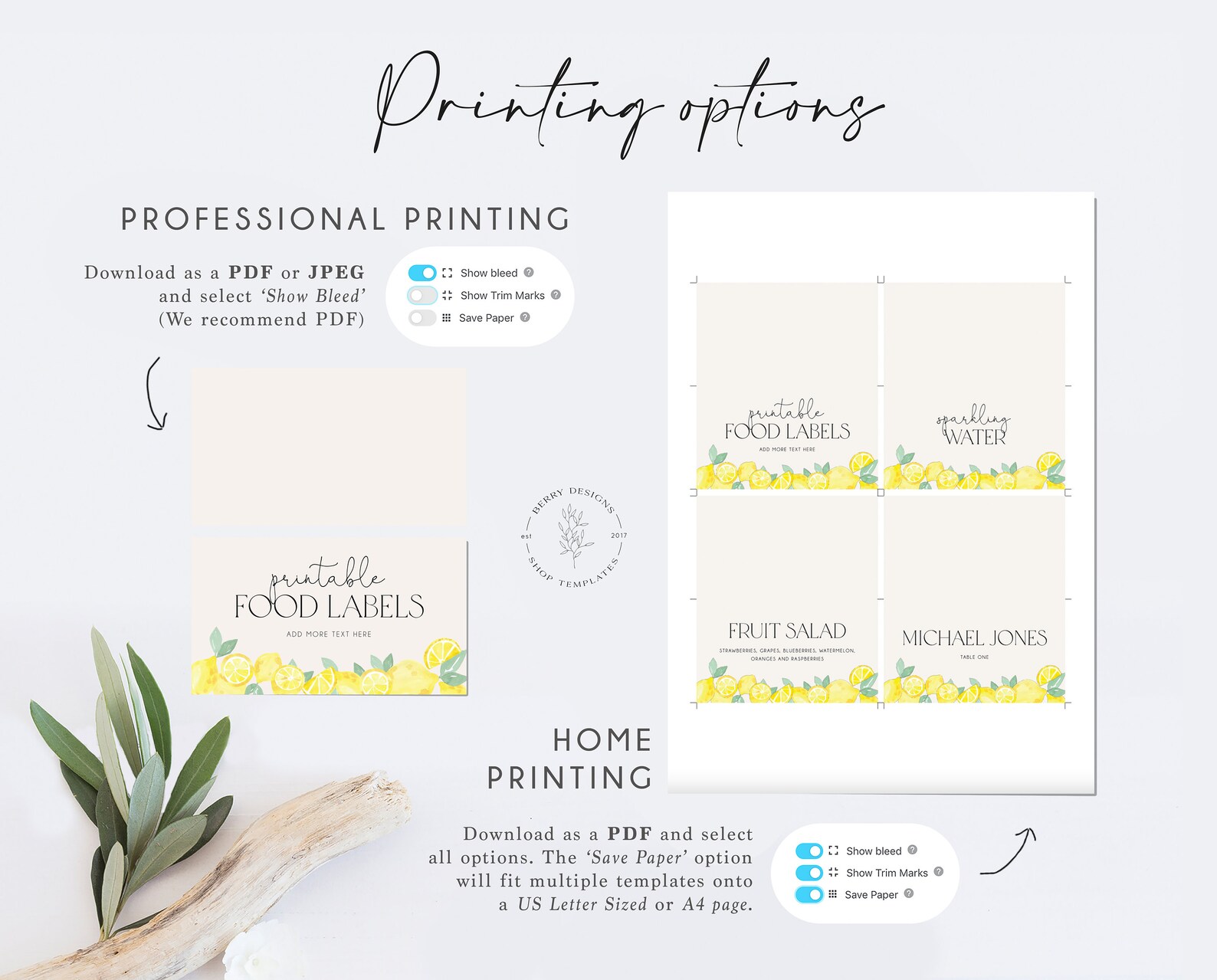 Lemon Food Label & Place Card Template Citrus Bridal Shower | Etsy