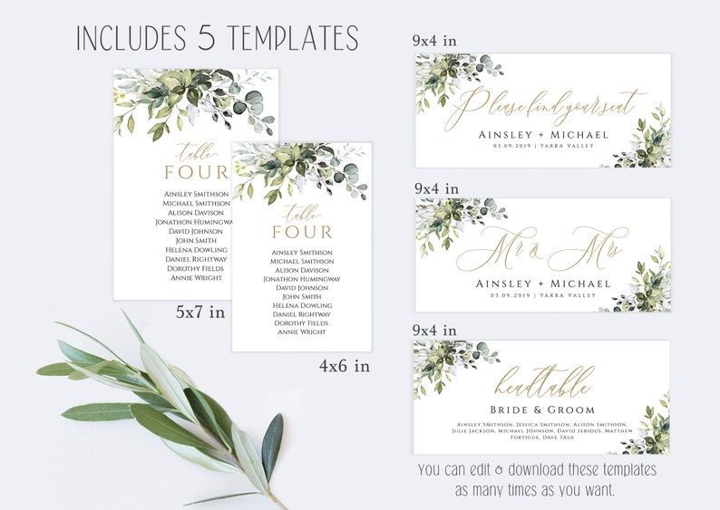 Wedding Seating Chart Template, Rustic, Greenery, Editable Seating ...