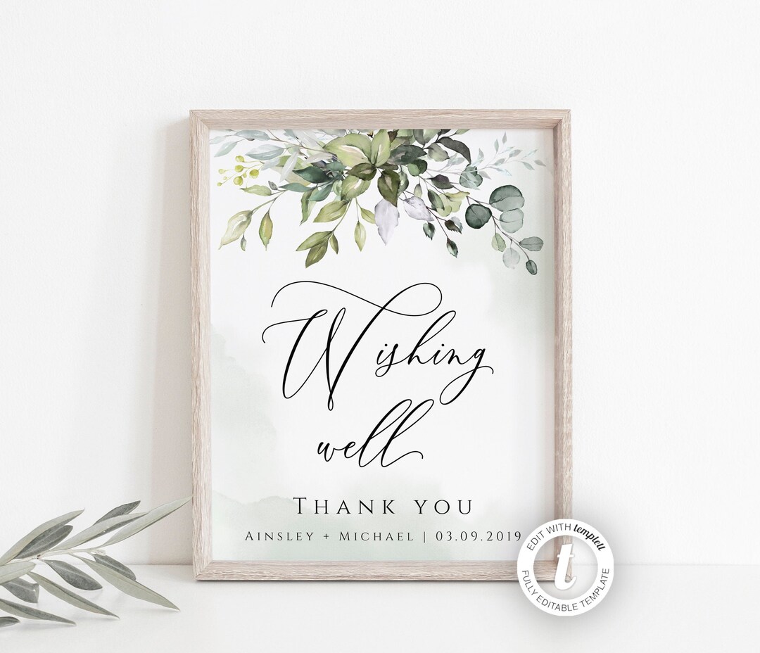 Wishing Well Sign Template, Wedding Signs, Editable Sign, Greenery ...